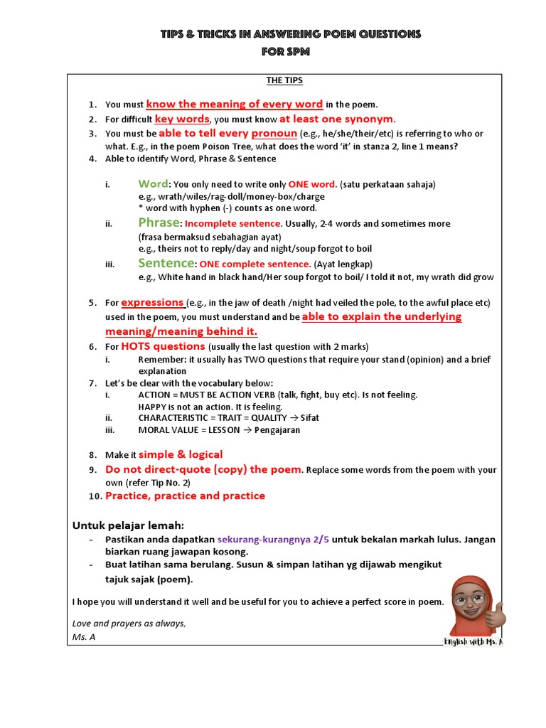 Phrase Sentence: Tips & Tricks in Answering Poem Questions For SPM | PDF
