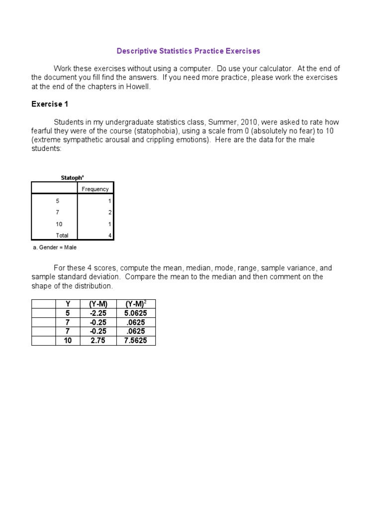 Exercise 1: Descriptive Statistics Practice Exercises | PDF | Median | Skewness