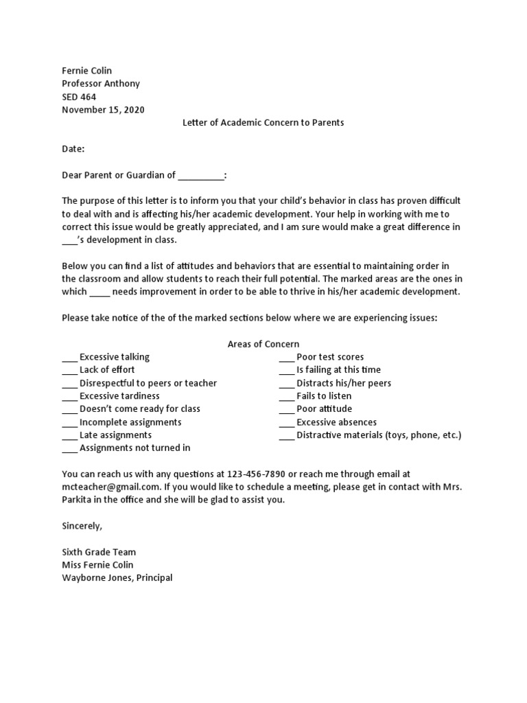 Letter of Academic Concern To Parents | PDF