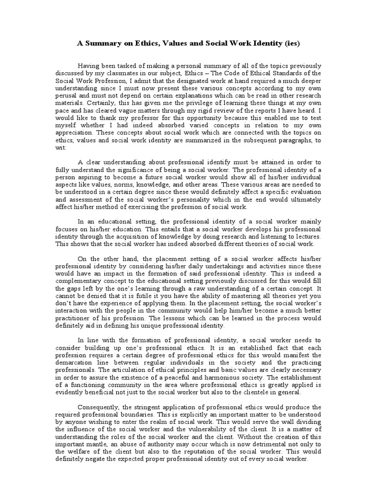A Summary On Ethics, Values and Social Work Identity (Ies) | PDF ...