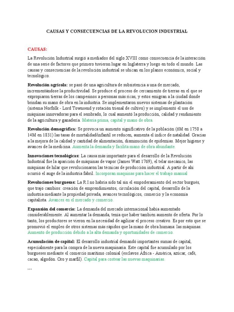 Causas y Consecuencias de La Revolucion Industrial | PDF | Revolución industrial | Agricultura