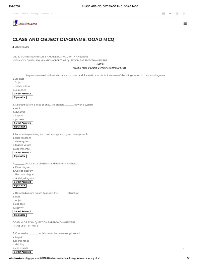 Class and Object Diagrams: Ooad MCQ: Estudies4you | PDF | Unified Modeling Language | Multiple ...