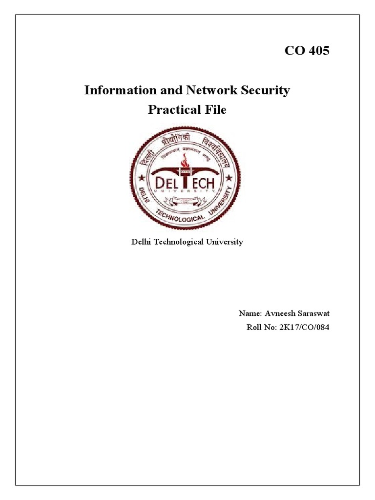CO 405 Information and Network Security Practical File: Delhi Technological University | PDF