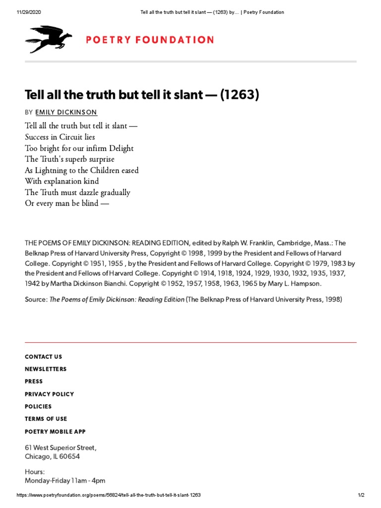 Tell All The Truth But Tell It Slant - (1263) by - Poetry Foundation | PDF