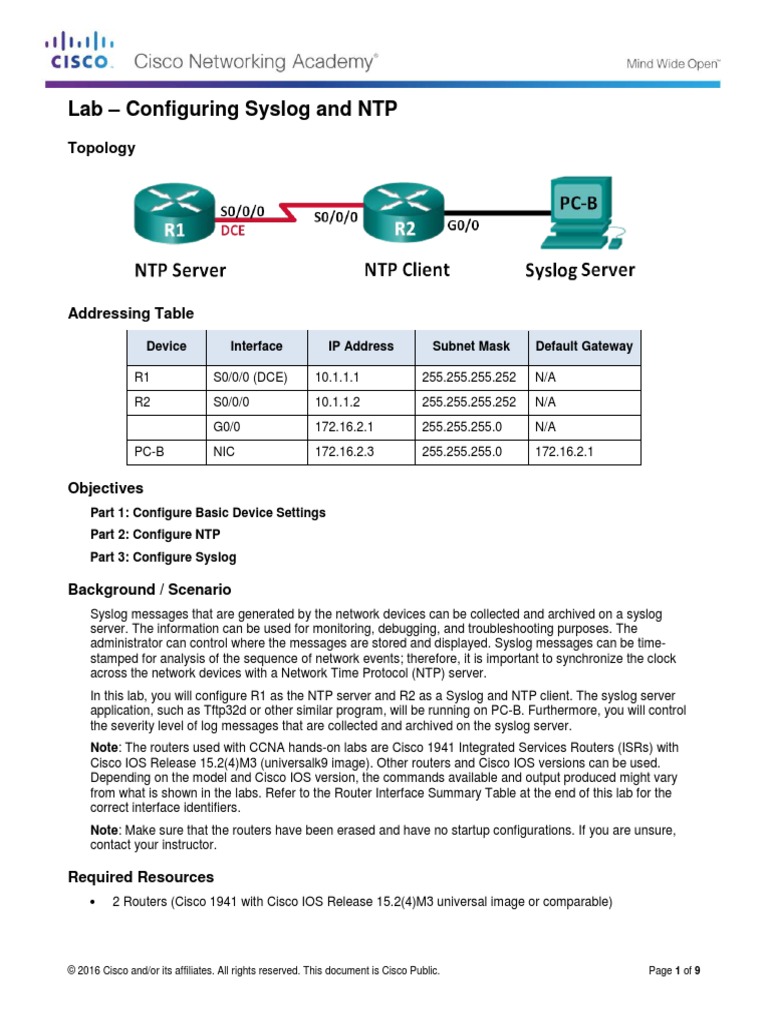 10.2.3.6 Lab - Configuring Syslog and NTP PDF | PDF | Computer Network | Router (Computing)