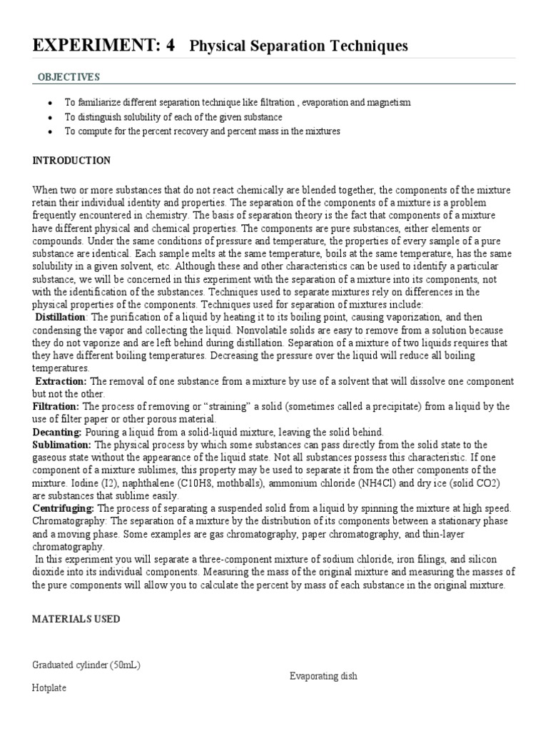 Experiment: 4: Physical Separation Techniques | PDF | Chemical ...