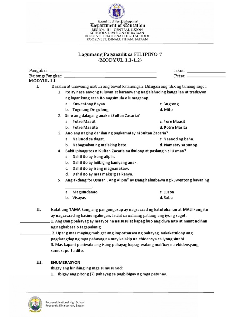 Lagumang Pagsusulit Sa Filipino 7 | PDF