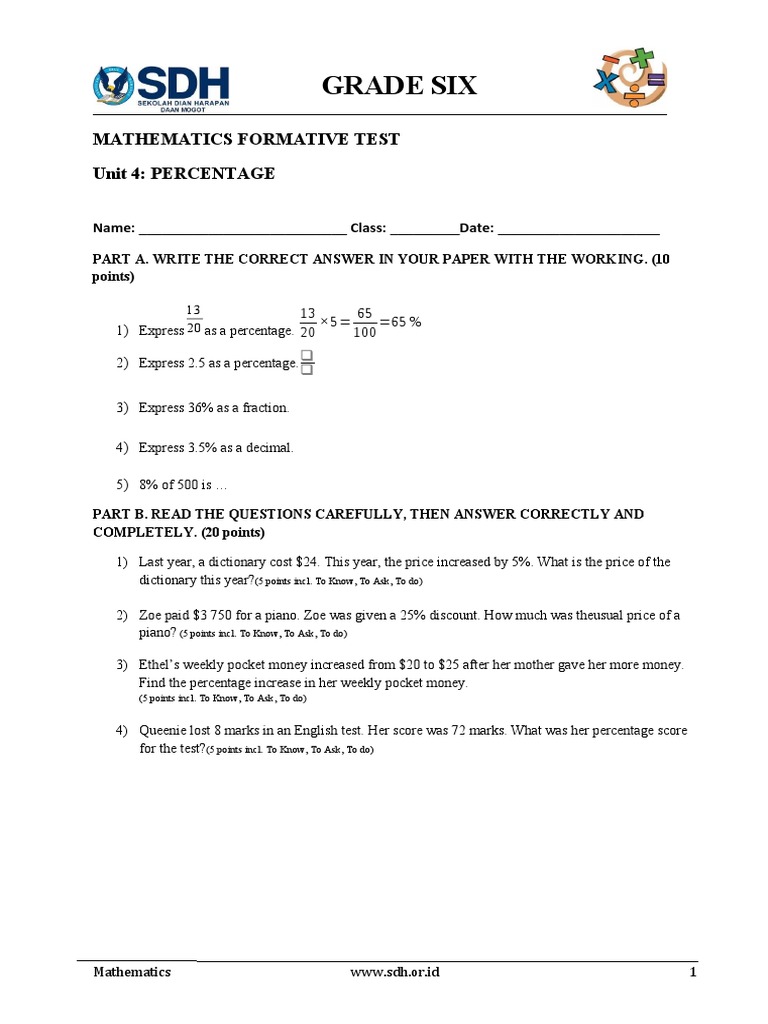 Grade Six: Mathematics Formative Test Unit 4: Percentage | PDF | Career ...