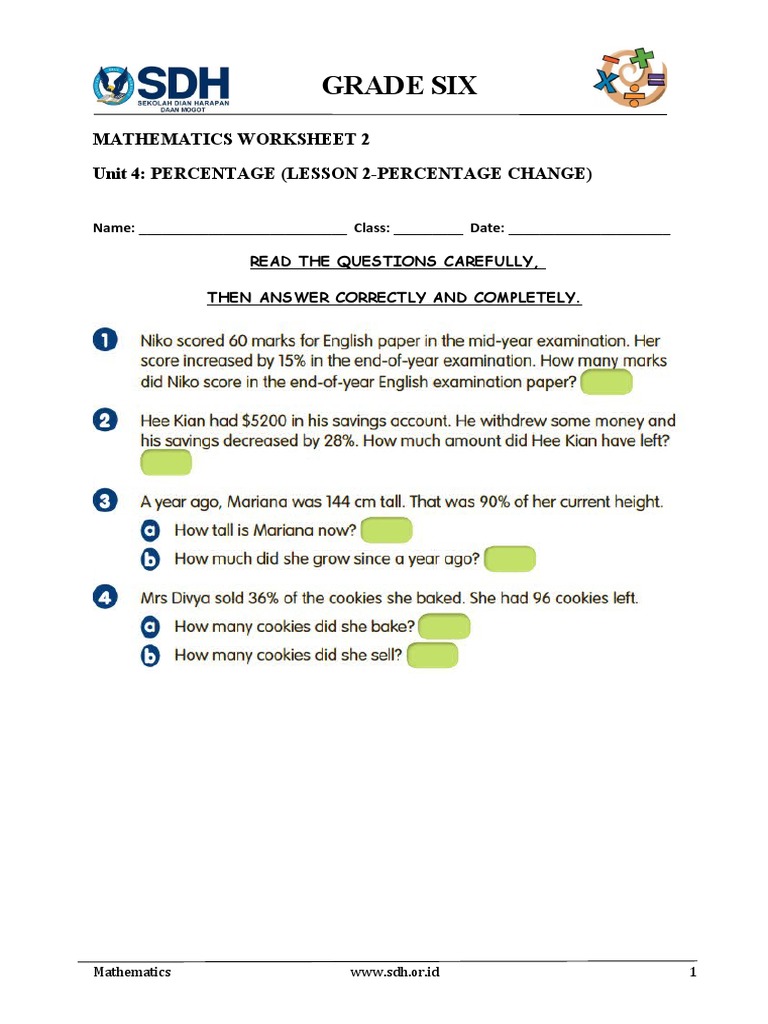Grade Six: Mathematics Worksheet 2 Unit 4: Percentage (Lesson 2 ...