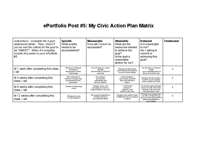 Final Post 5 My Civic Action Plan Matrix | PDF | Goal | Parenting