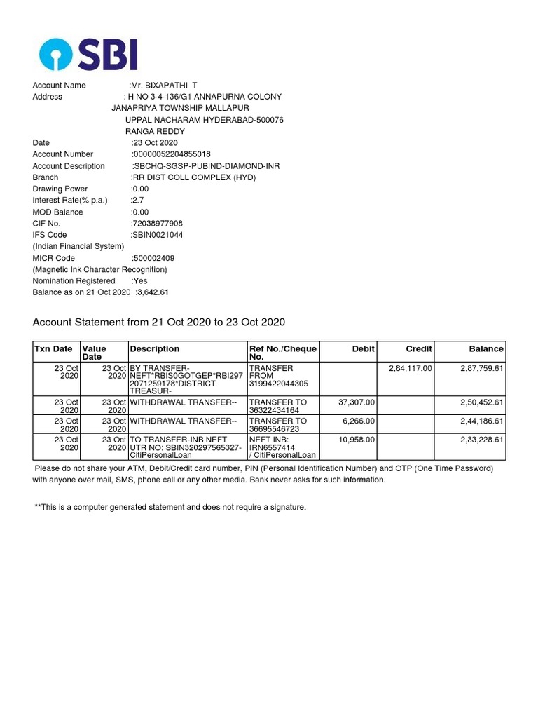 Account Statement for Mr. Bixapathi T | PDF