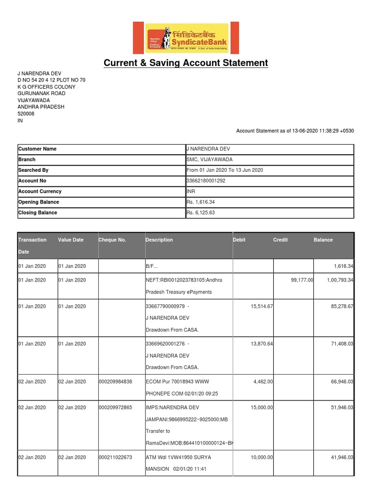 Current & Saving Account Statement | PDF | Payments | Service Industries