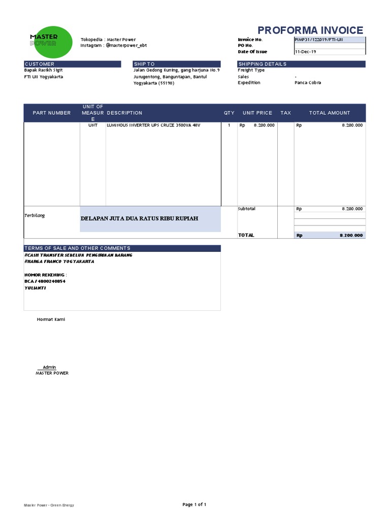 Proforma Invoice: Customer Ship To Shipping Details | PDF