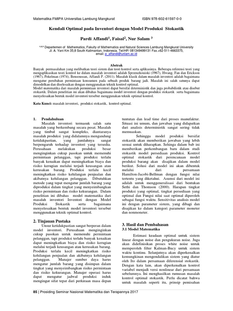 Kendali Optimal Pada Inventori Dengan Model Produksi Stokastik | PDF