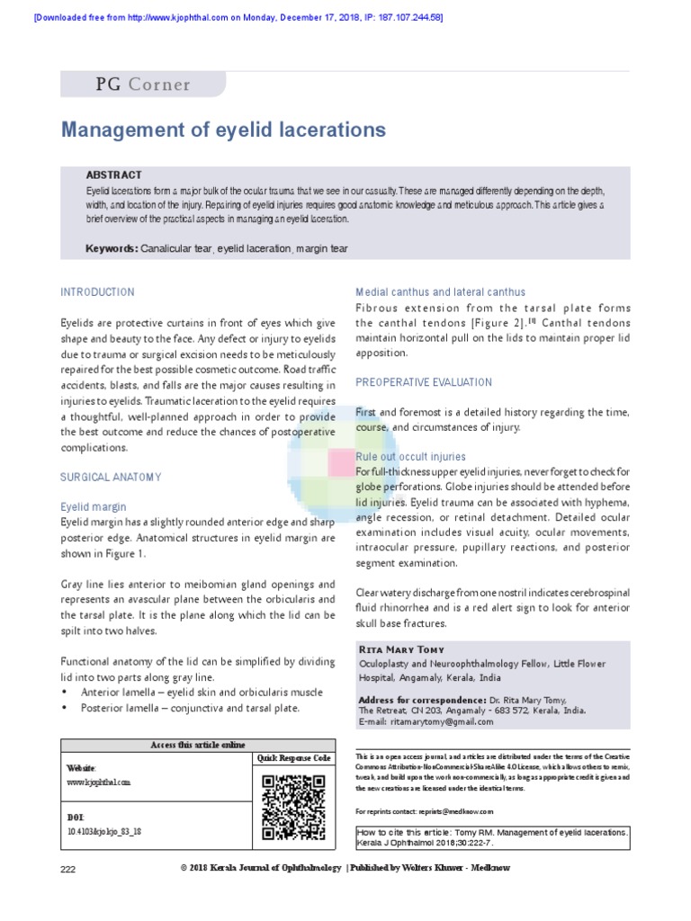 Management of Eyelid Lacerations: Corner | PDF | Surgical Suture | Wound