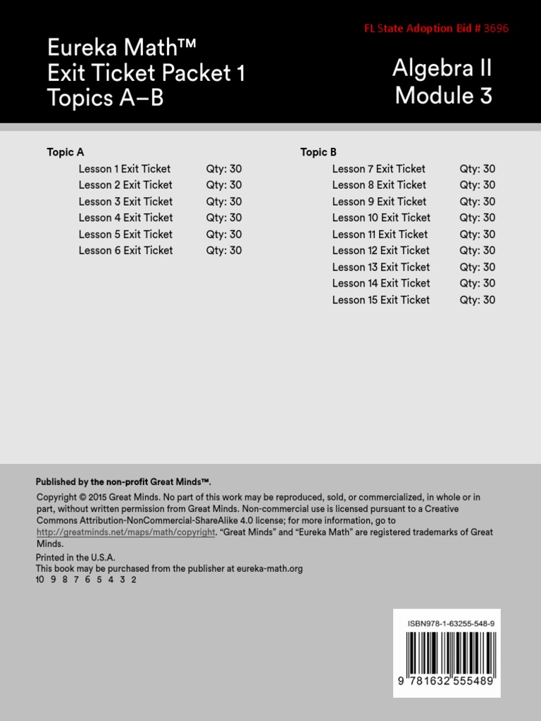 Eureka Math™ Exit Ticket Packet 1 Topics A-B Algebra II | PDF ...