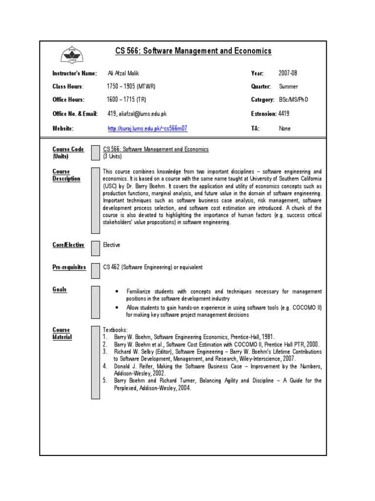 CS566 Course Outline Lums PDF | PDF | Engineering | Software Engineering