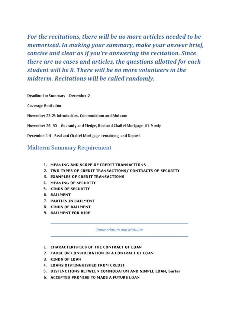 Midterm Summary Requirement: Commodatum and Mutuum | PDF | Guarantee ...