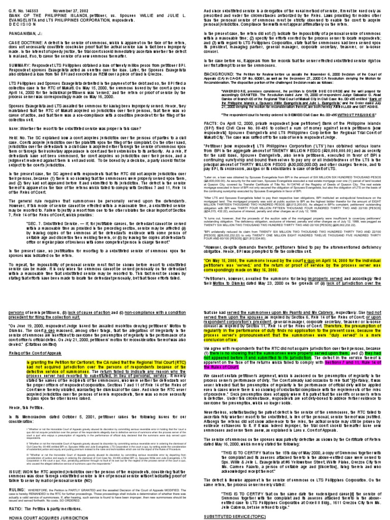 BPI V Evangelista | PDF | Service Of Process | Summons