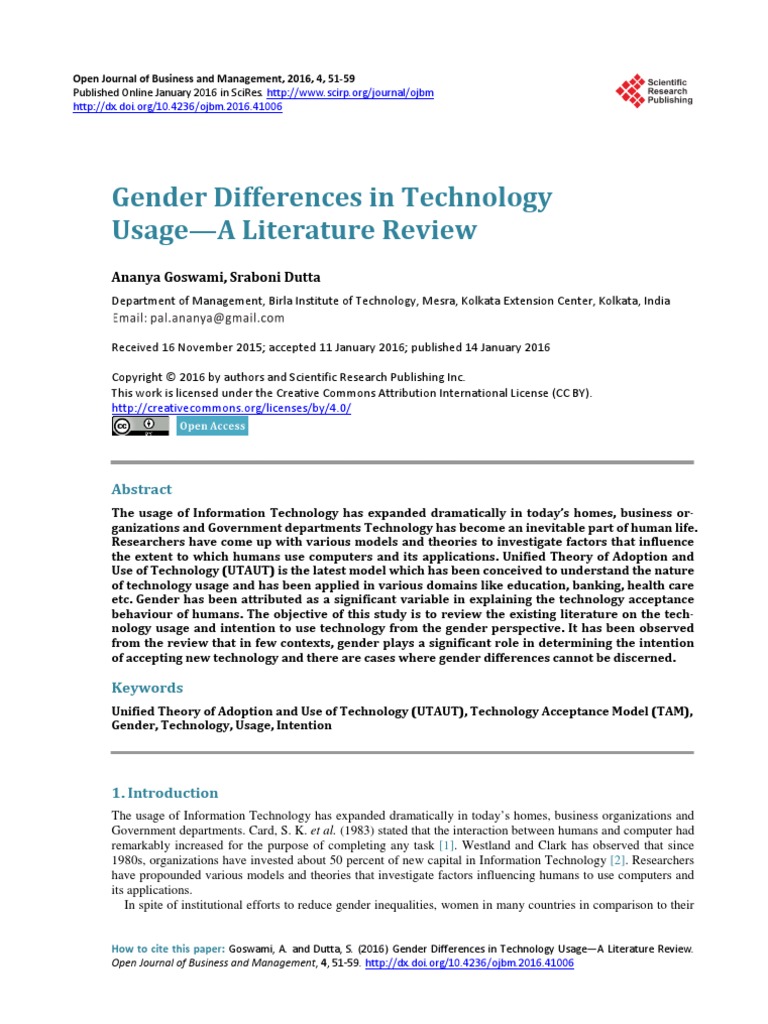Gender Differences in Technology Usage-A Literature Review: Ananya Goswami, Sraboni Dutta | PDF ...
