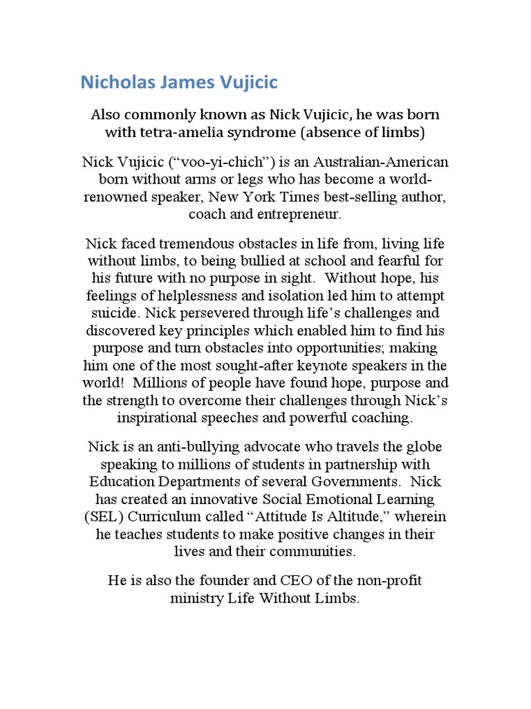 Nick Vujicic: Inspiring Life Story | PDF | Disability