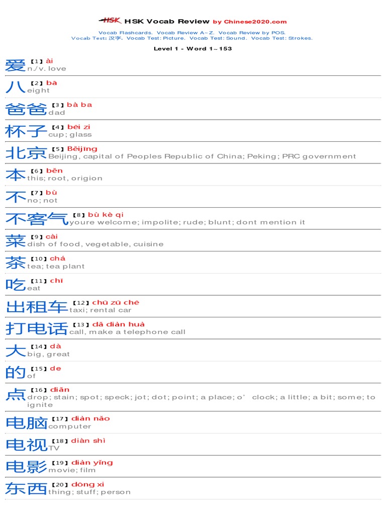 HSK 1 Vocabulary Flashcards PDF | PDF | China | World Politics