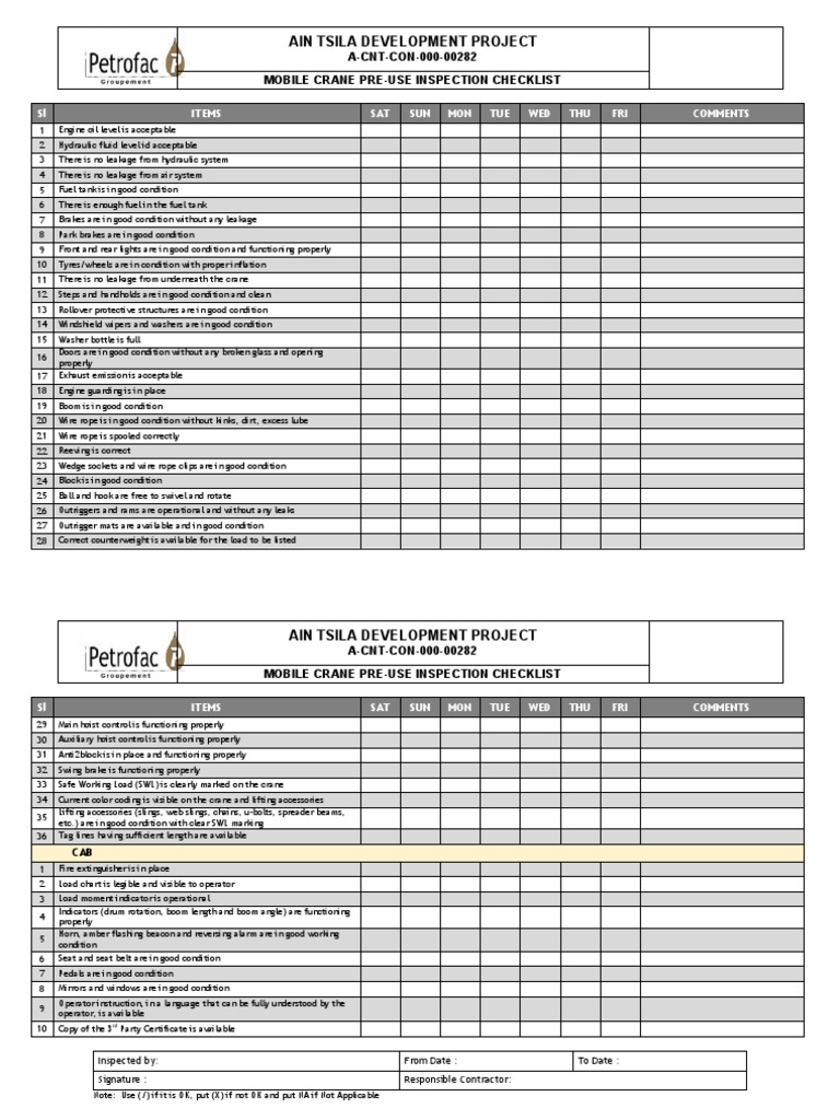 Crane Daily Inspection Checklist | PDF | Crane (Machine) | Vehicle ...
