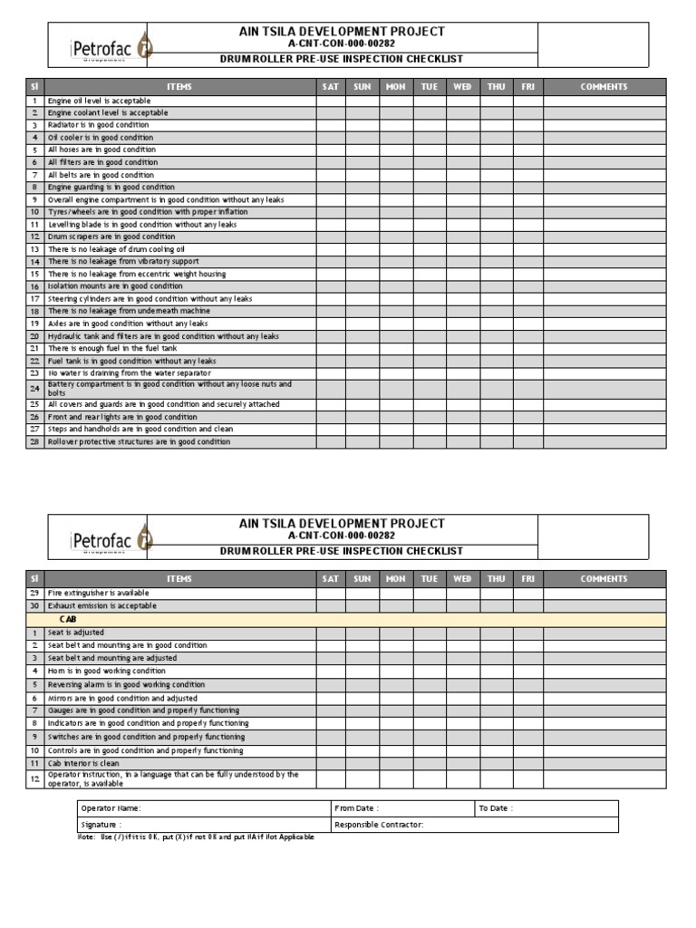Drum Roller Daily Inspection Checklist | PDF | Automotive Industry ...