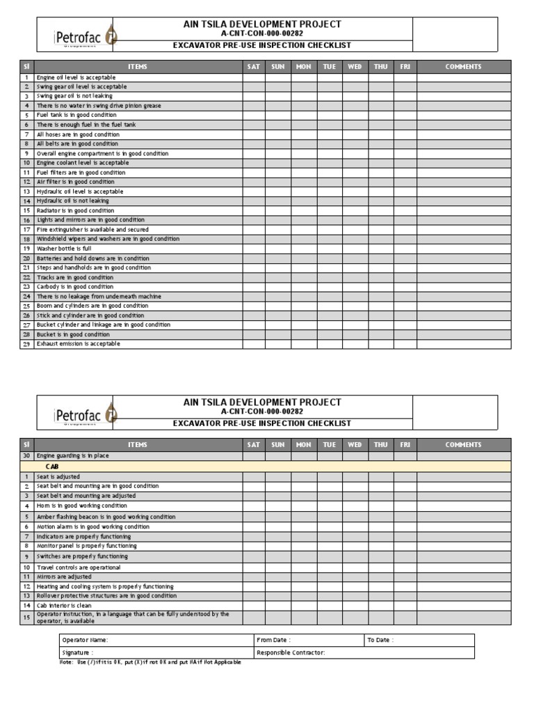 Excavator Daily Inspection Checklist | Download Free PDF | Motor ...