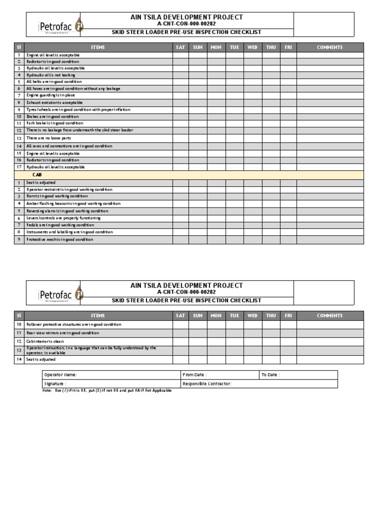 Grader Daily Inspection Checklist | PDF | Wheeled Vehicles | Vehicle ...