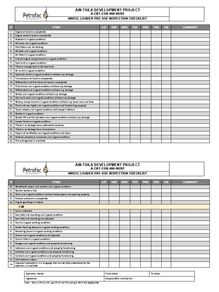 Wheel Loader Daily Inspection Checklist | PDF | Loader (Equipment ...
