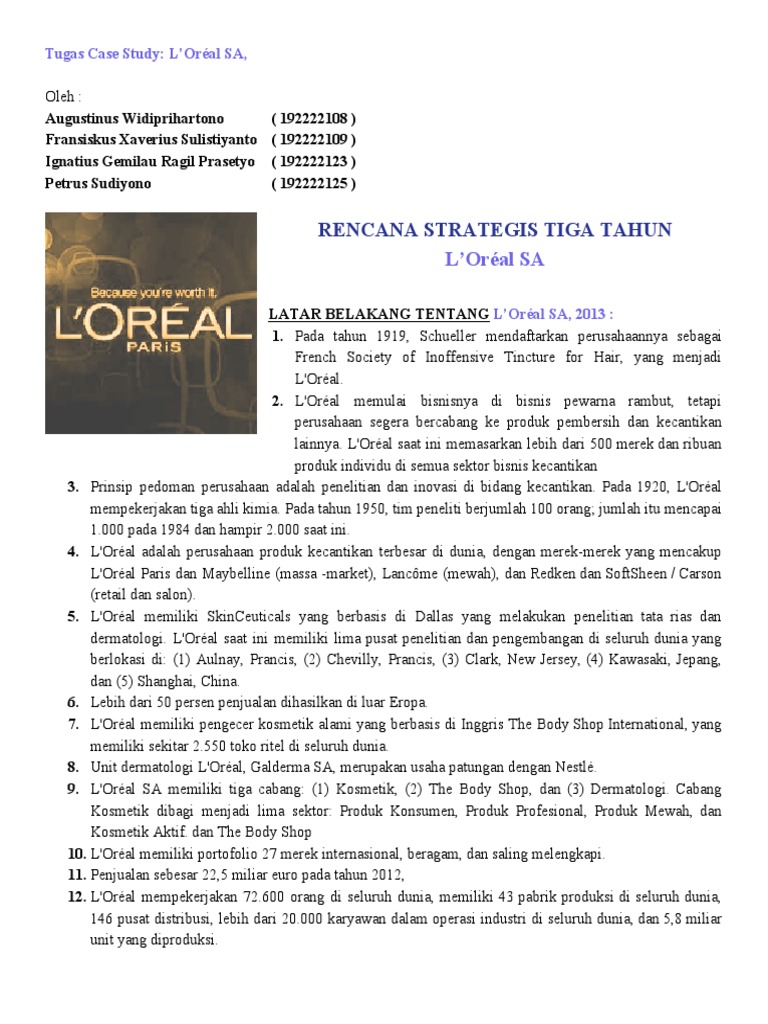 Tugas Case Studies L'Oréal SA | PDF