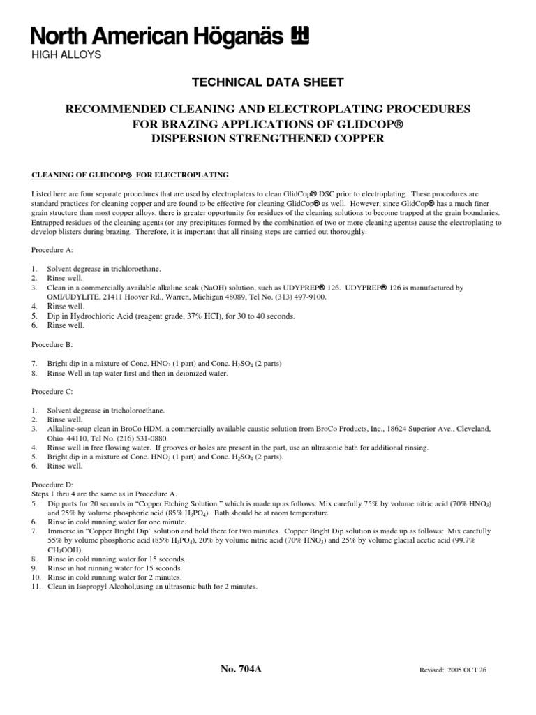704 GLIDCOP (R) RecommendedCleaning & Electroplating Procedures | PDF ...