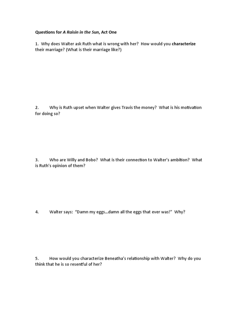 A Raisin in The Sun Act I Questions | PDF