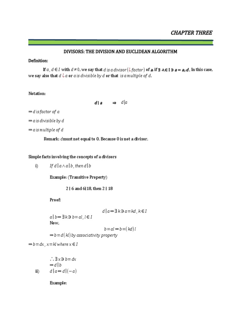 Divisors: The Division and Euclidean Algorithm: Chapter Three | PDF ...