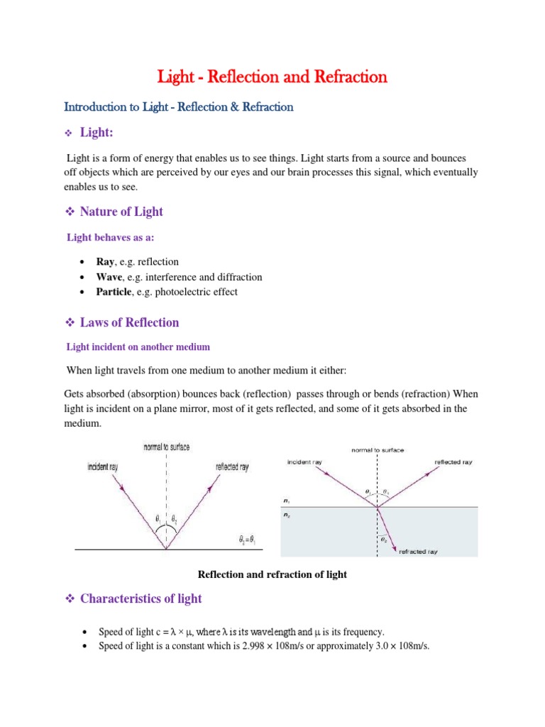 Light - Reflection and Refraction Notes | PDF | Refraction | Reflection ...