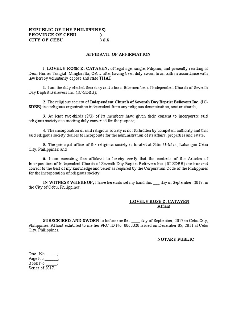 Affidavit of Affirmation for Incorporation | PDF