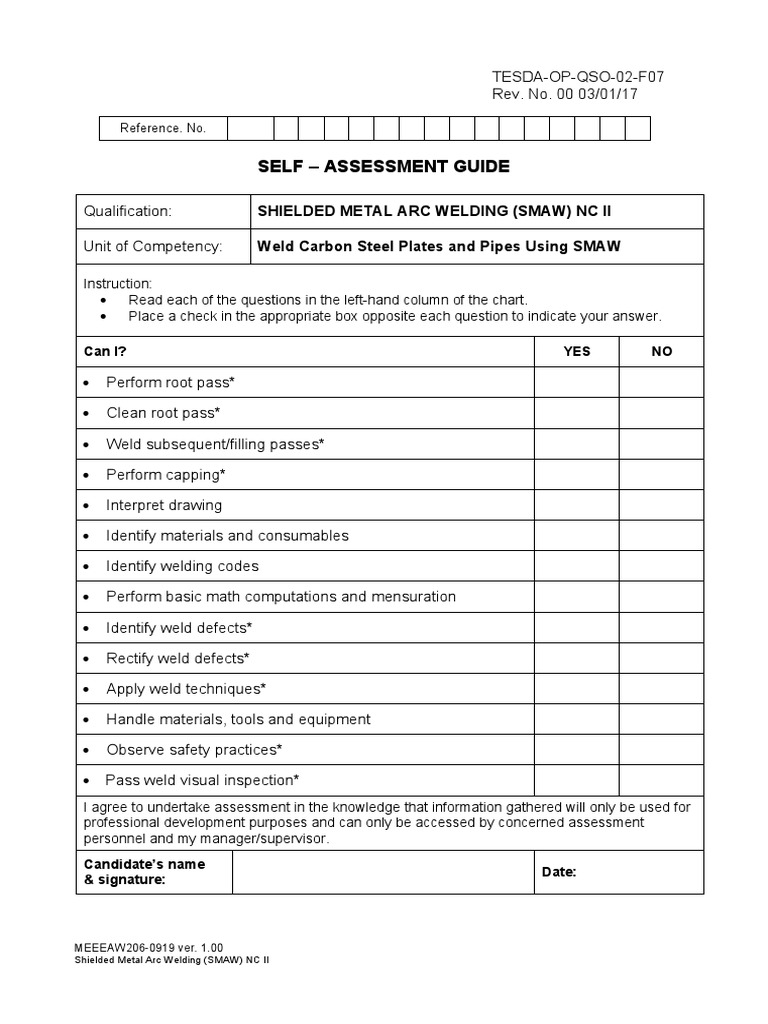 Self - Assessment Guide: Shielded Metal Arc Welding (Smaw) NC Ii Weld ...
