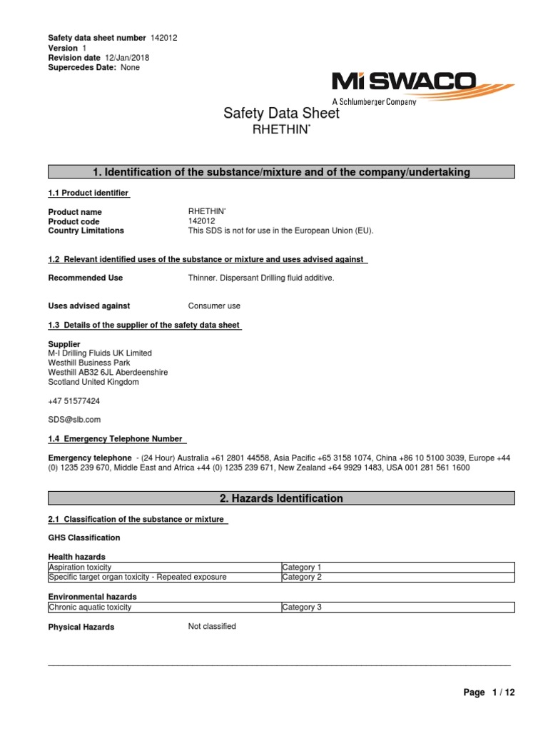 Safety data sheet for RHETHIN thinner and dispersant | PDF | Dangerous ...