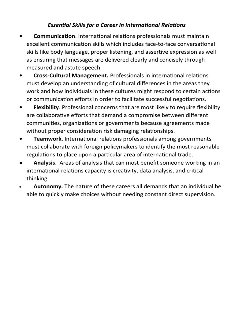 Essential Skills For A Career in International Relations | PDF