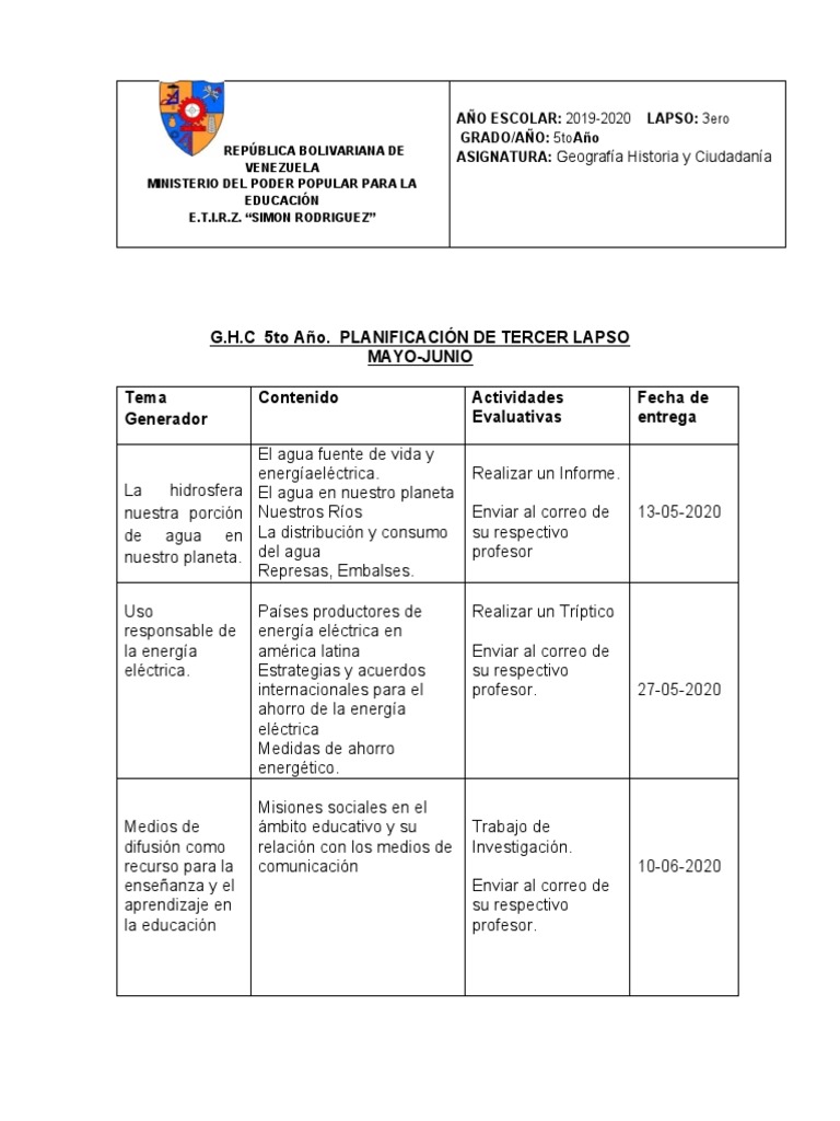 Planificación GHC 5to Año Tercer Lapso | PDF