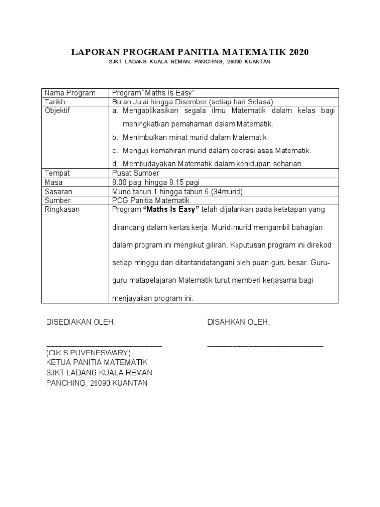 Laporan Program Panitia Matematik SJKT Ladang Kuala Reman 2020: Upaya ...