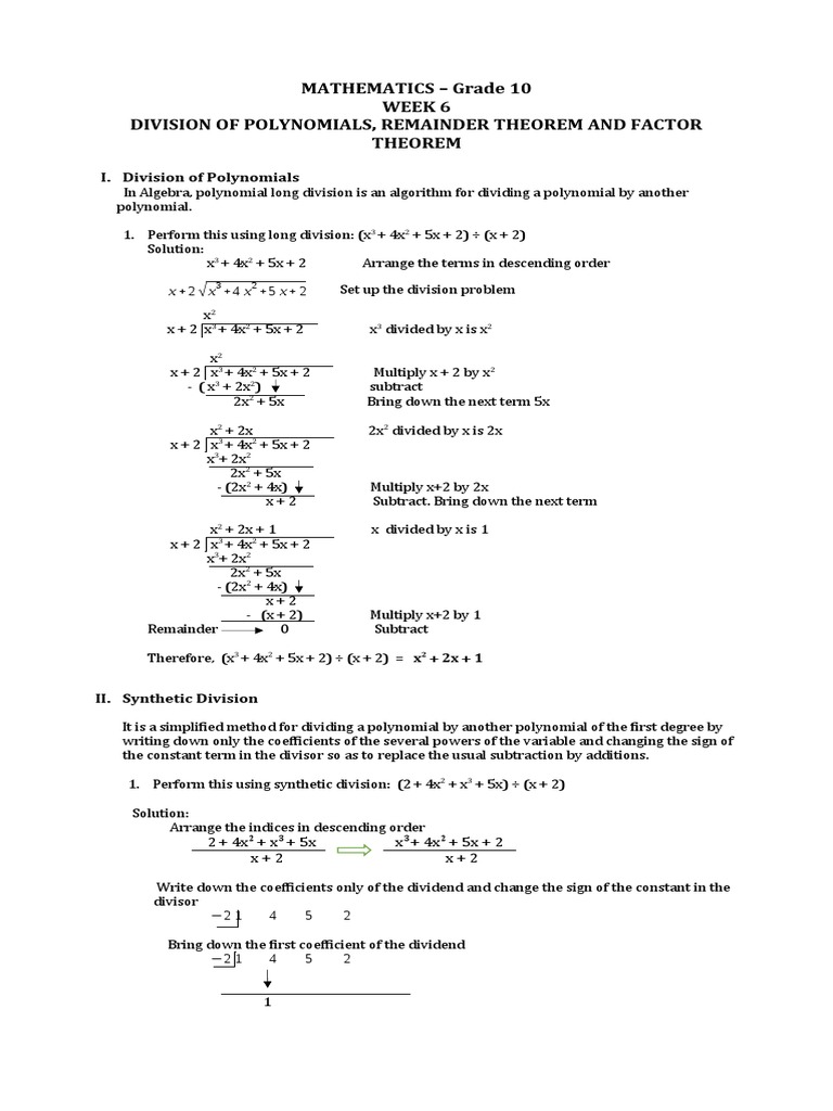 Mathematics - Grade 10 Week 6 Division of Polynomials, Remainder Theorem and Factor Theorem ...