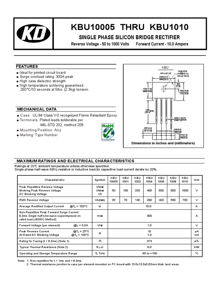 KBU10005 THRU KBU1010: Single Phase Silicon Bridge Rectifier | PDF ...