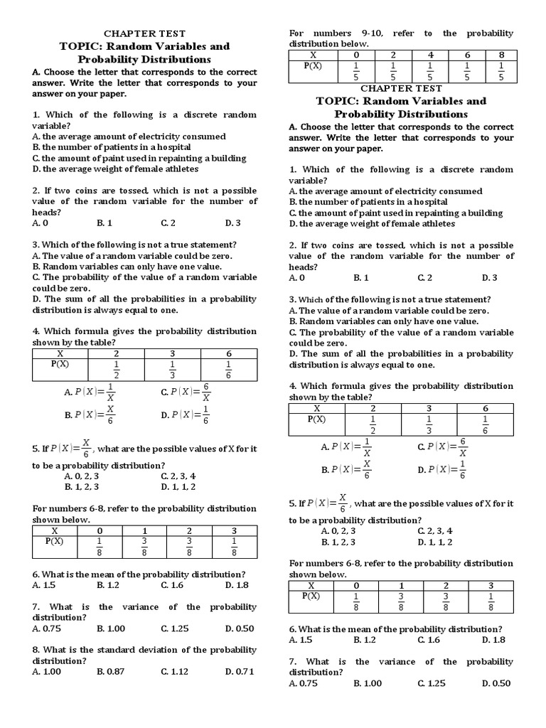 TOPIC: Random Variables and Probability Distributions: Chapter Test ...