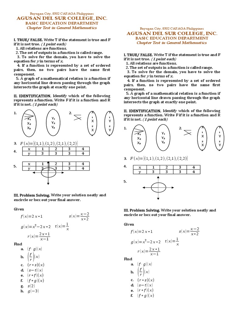 Chapter Test (Functions) | PDF | Function (Mathematics) | Functions And ...