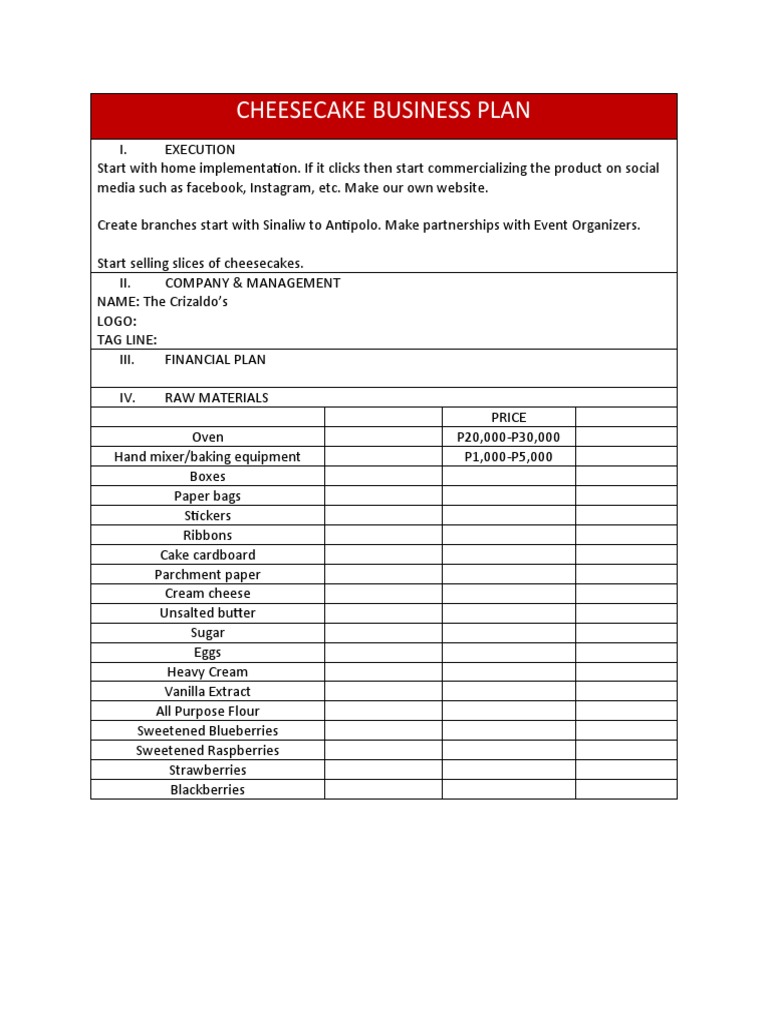 Cheesecake Business Plan | PDF
