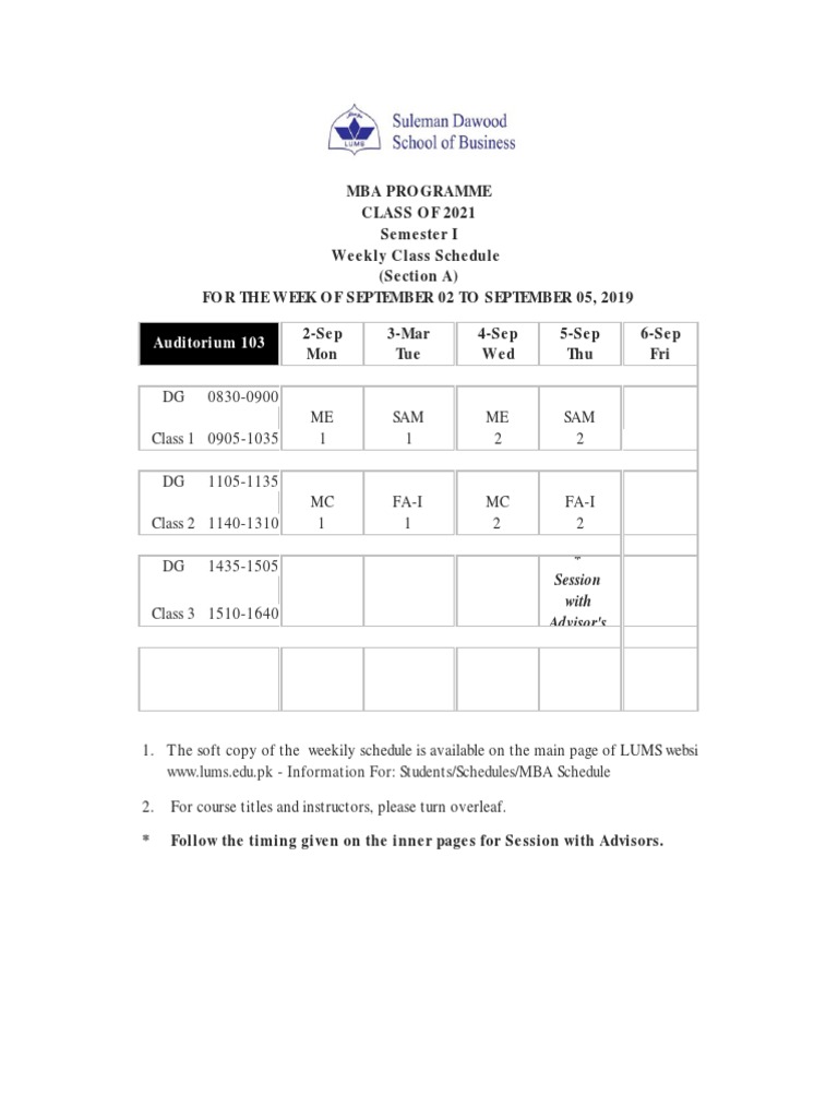 MBA Class Schedule - Sep 2019 | PDF | Economics | Statistics