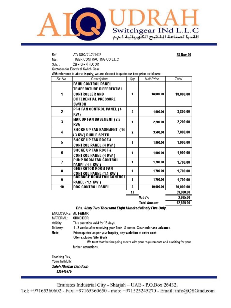 Sr. No. Description Qty Unit Price Total: DHS: Sixty Two Thousand Eight ...