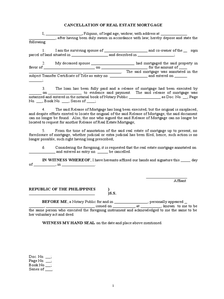 Sample of Cancellation of Real Estate Mortgage | PDF | Mortgage Law ...